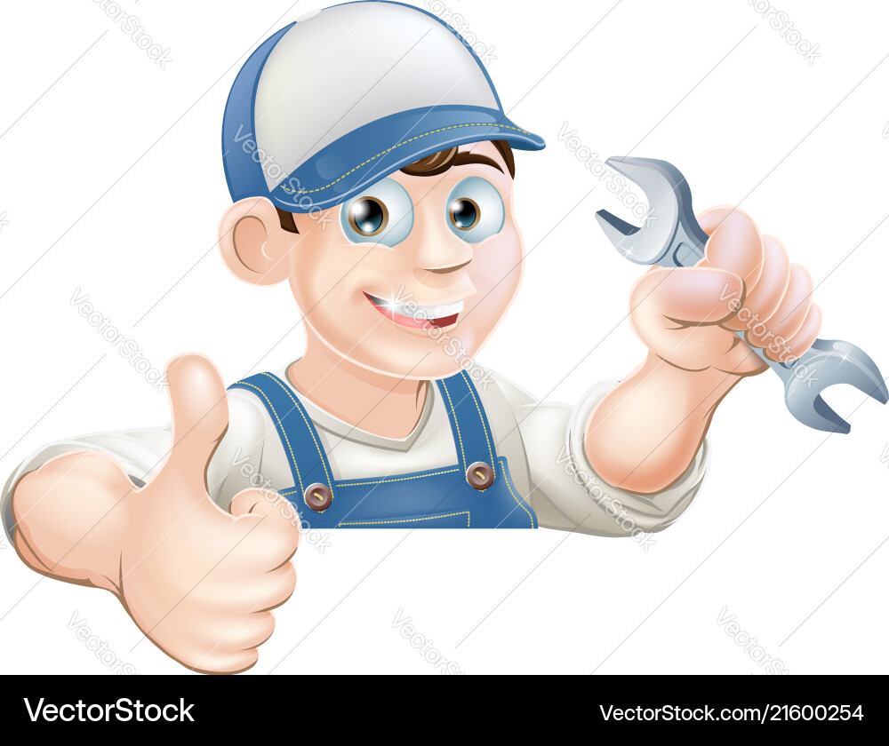 Spanner man over sign thumbs up Royalty Free Vector Image