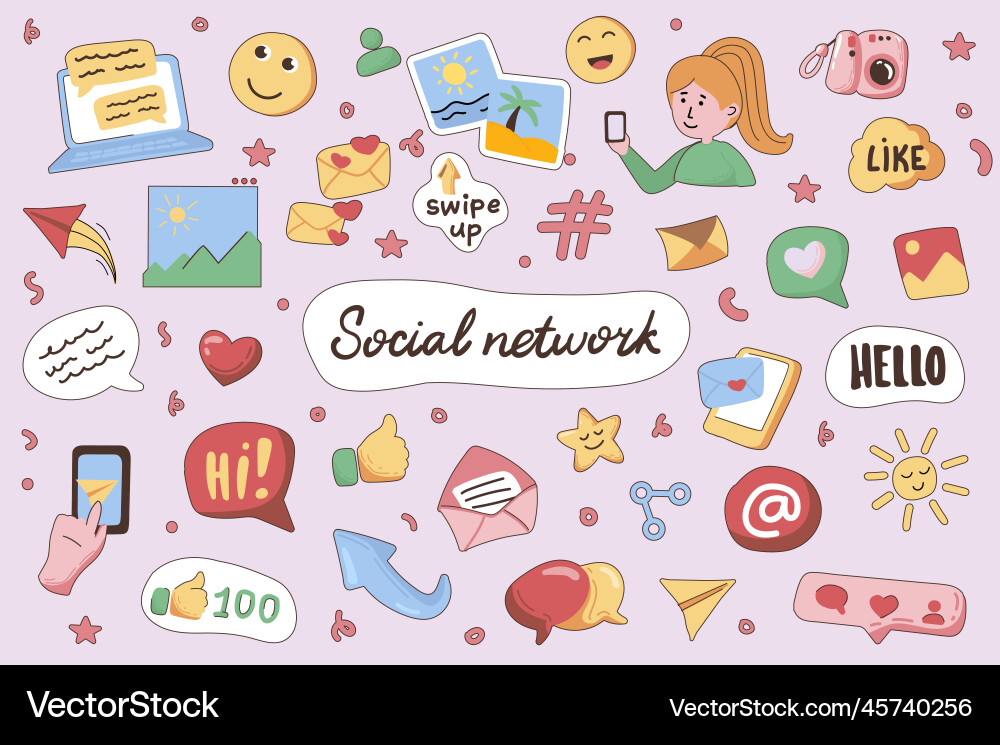 Social network cute stickers set in flat cartoon Vector Image