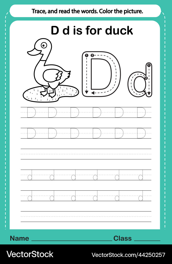 Alphabet d exercise with cartoon vocabulary Vector Image