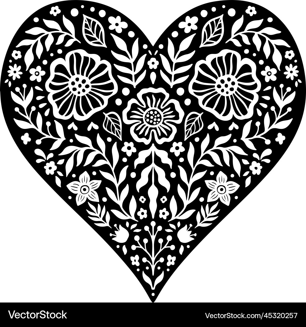 Floral Linocut Heart Royalty Free Vector Image
