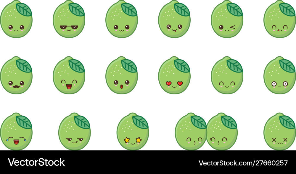 Lime cute kawaii mascot set food faces Royalty Free Vector