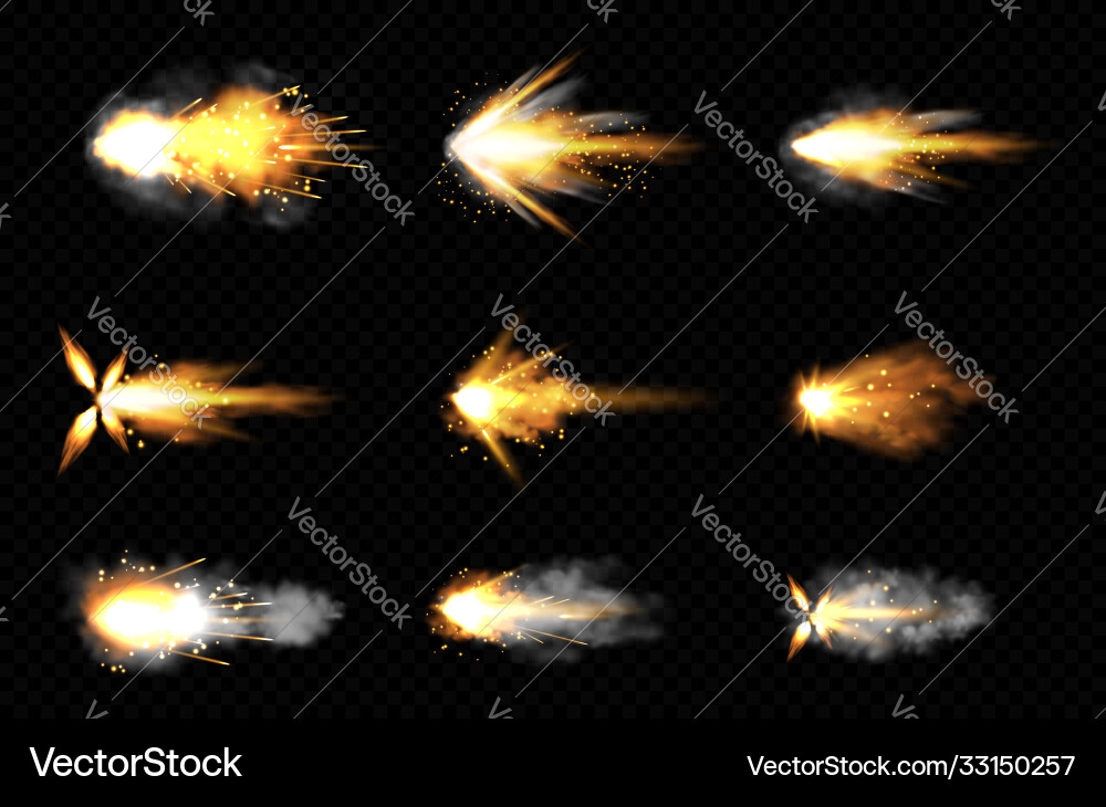 Realistic set gun shots with fire and smoke Vector Image