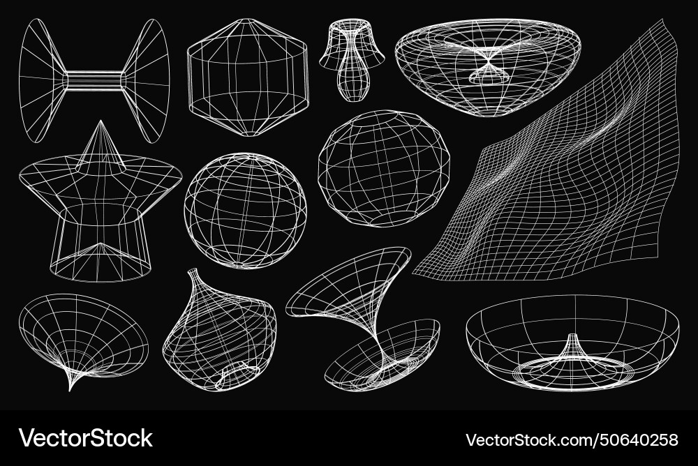 Geometry y2k wireframe shapes and grids 3d 00s Vector Image