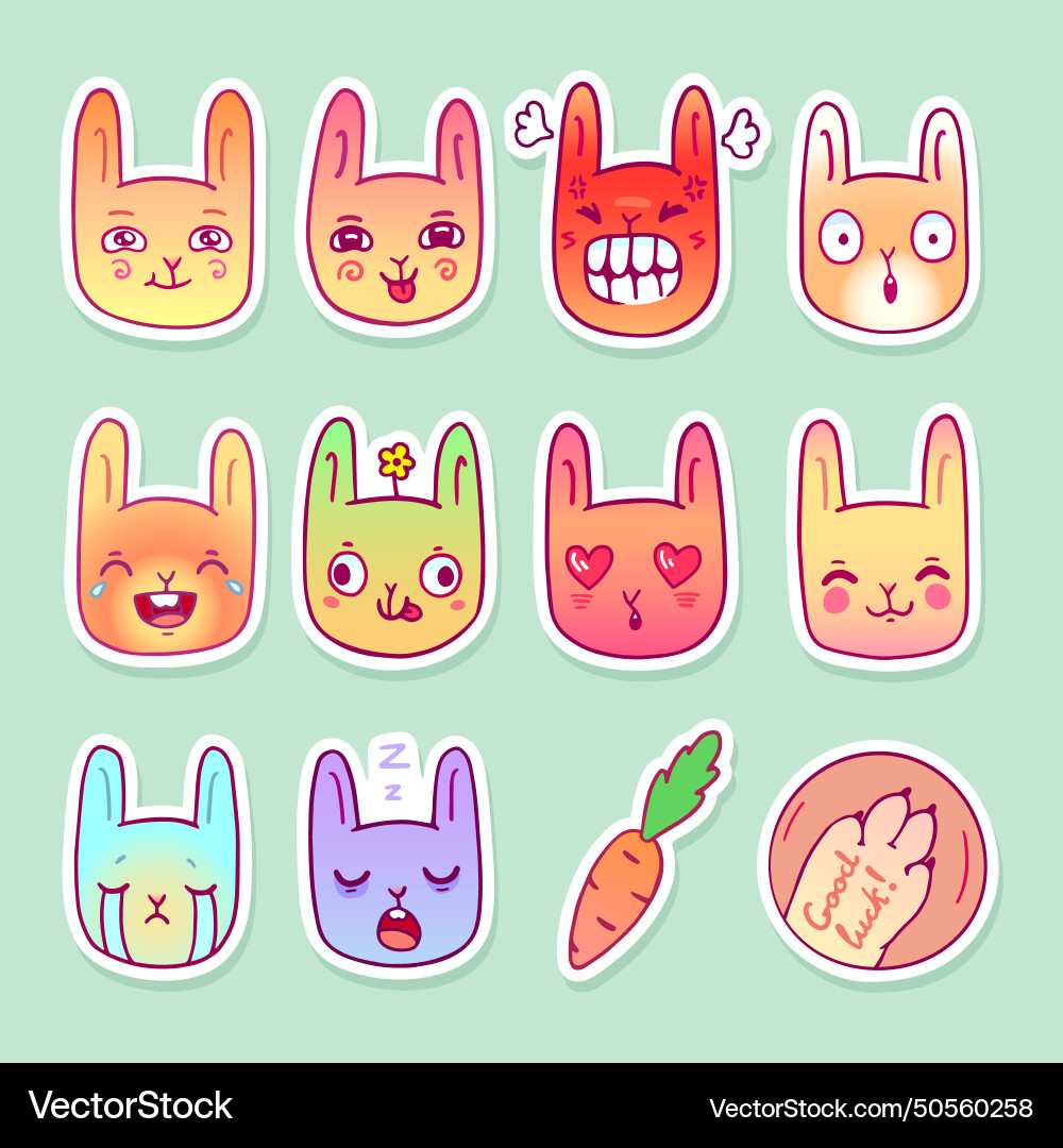 Set of different bunny emoticons in sticker Vector Image