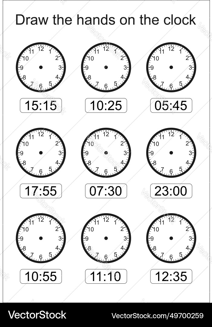 Clock Hands Worksheet for Kids Royalty Free Vector Image
