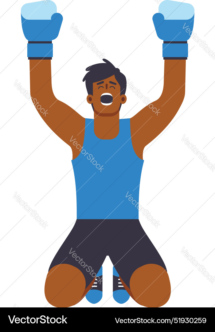 Happy winning dark skinned boxer in blue kneeling Vector Image
