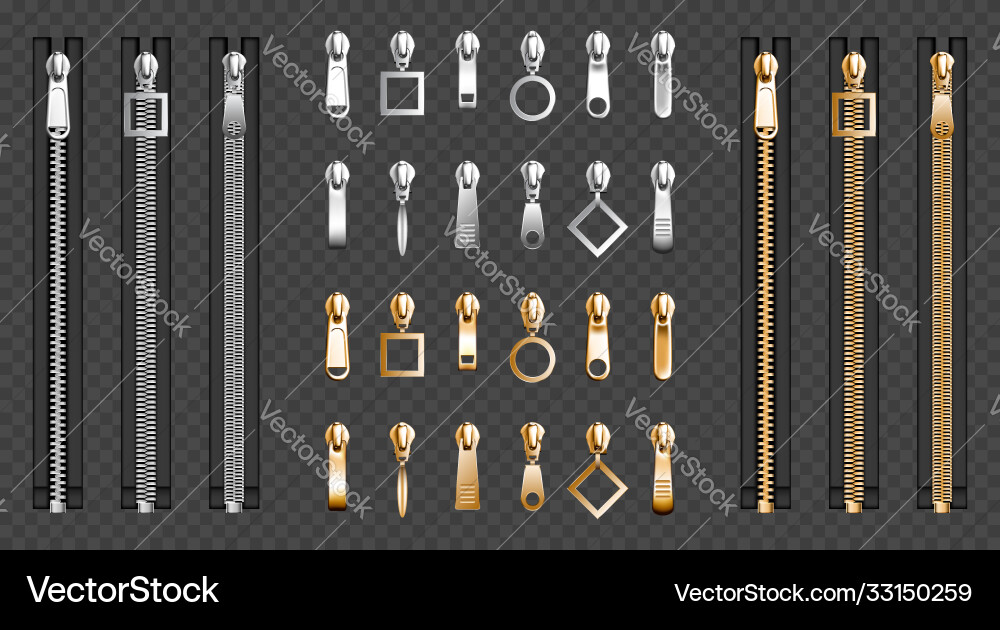 Metal zip fasteners silver zippers puller set Vector Image