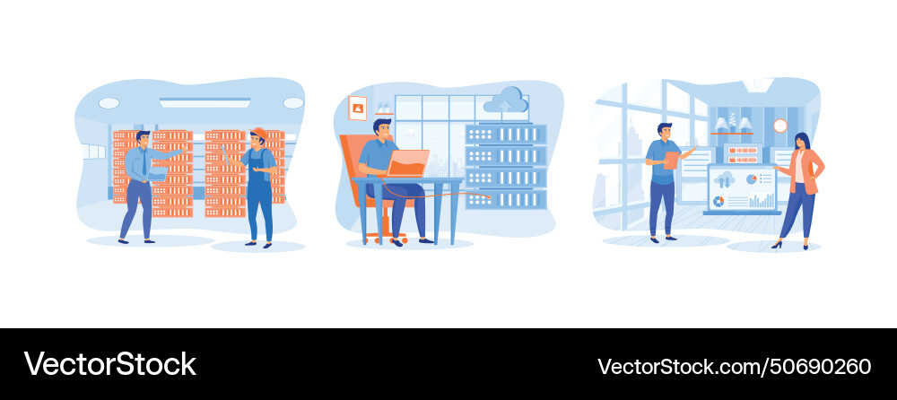 Data center servicestechnician works in server Vector Image