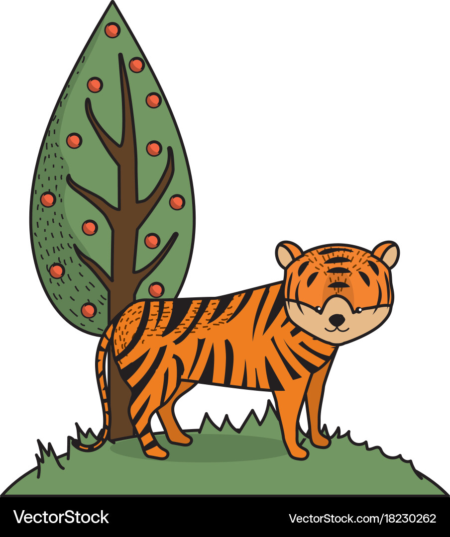 Cute tiger wild animal next to tree Royalty Free Vector
