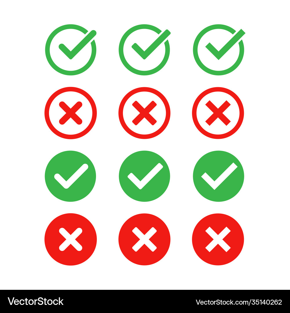 Green check mark and red cross icon set isolated Vector Image
