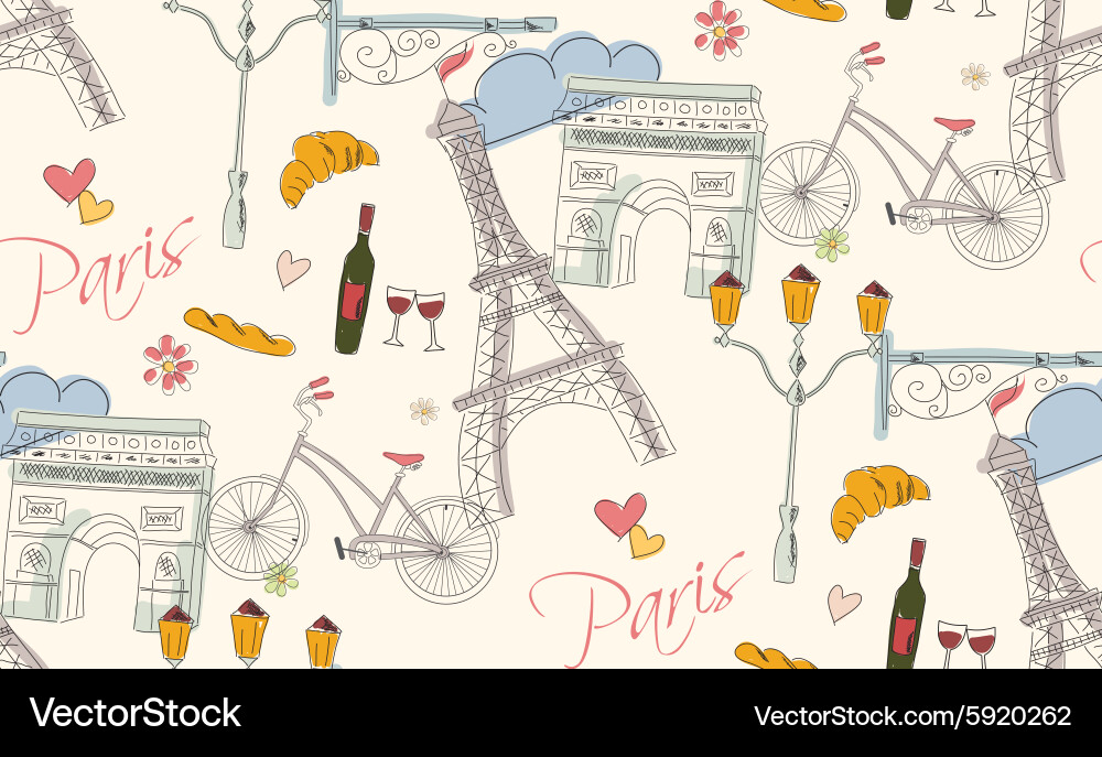 Paris symbols postcard seamless pattern Royalty Free Vector
