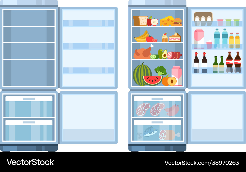 Fridge open empty refrigerator and with products Vector Image