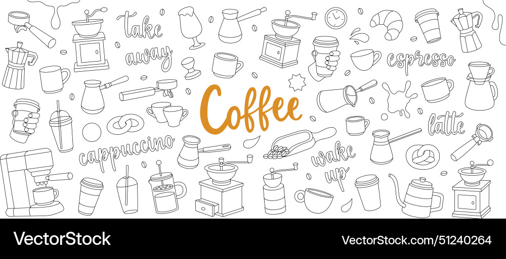 Coffee outline set beans drinks cups pot Vector Image