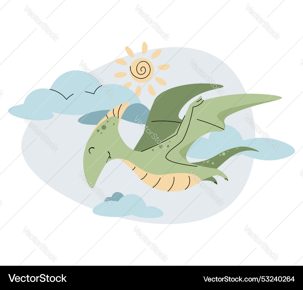 Cute cartoon dinosaur flying among clouds ancient Vector Image