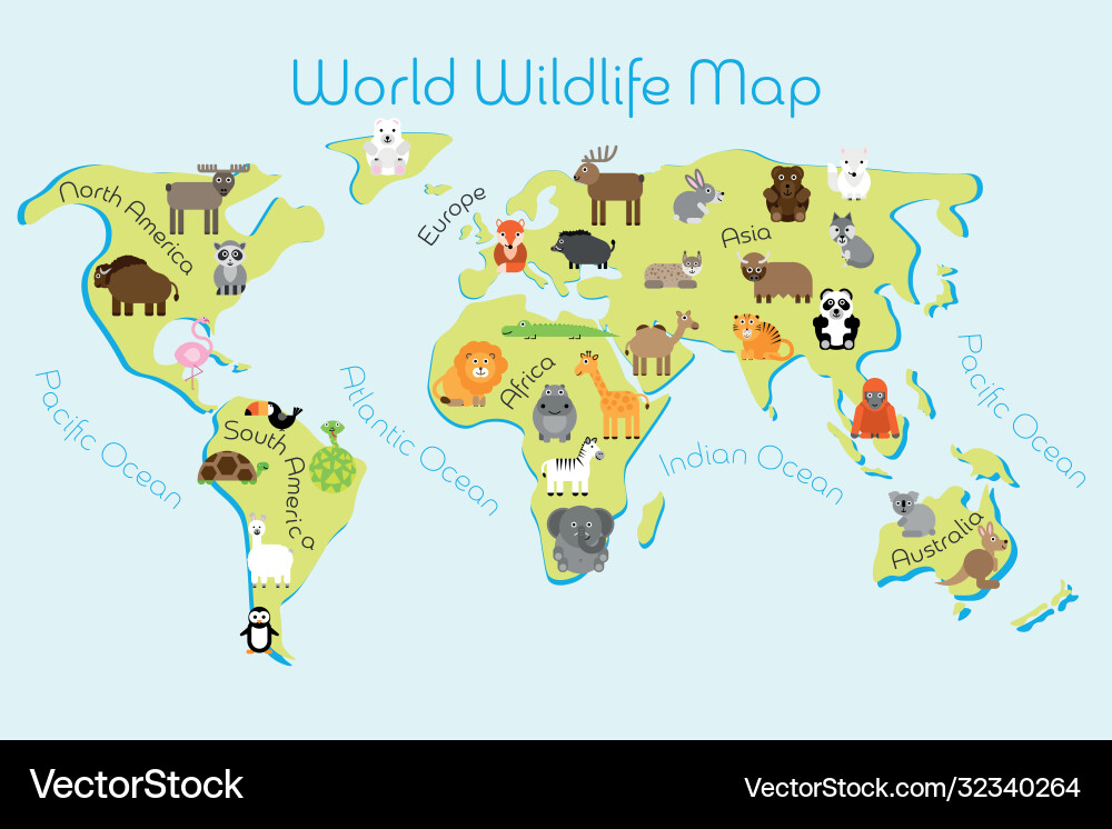 World wildlife map - continents with typical fauna