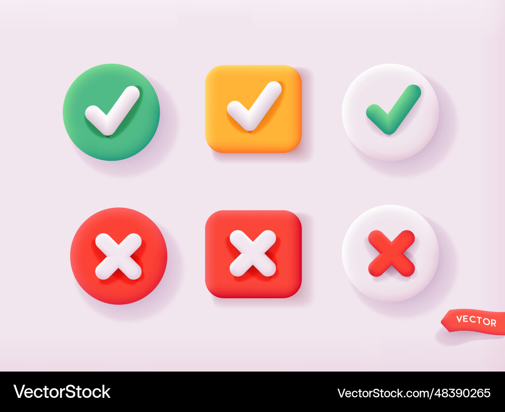 Check mark and x icons 3d web Royalty Free Vector Image