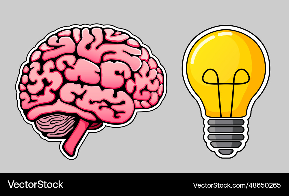 Human brain and lamp bulb stickers cute funny Vector Image