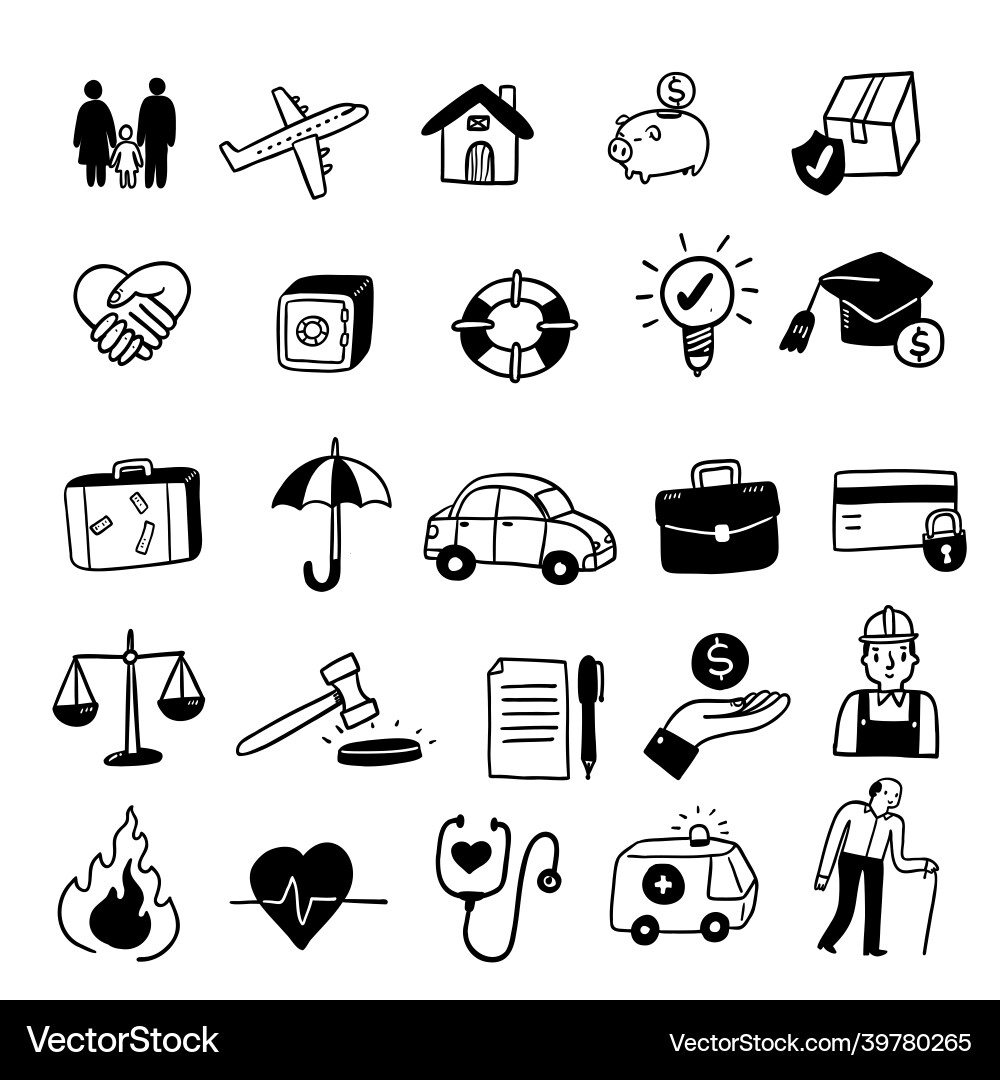 Insurance Concept Icons - Doodle Style Royalty Free Vector