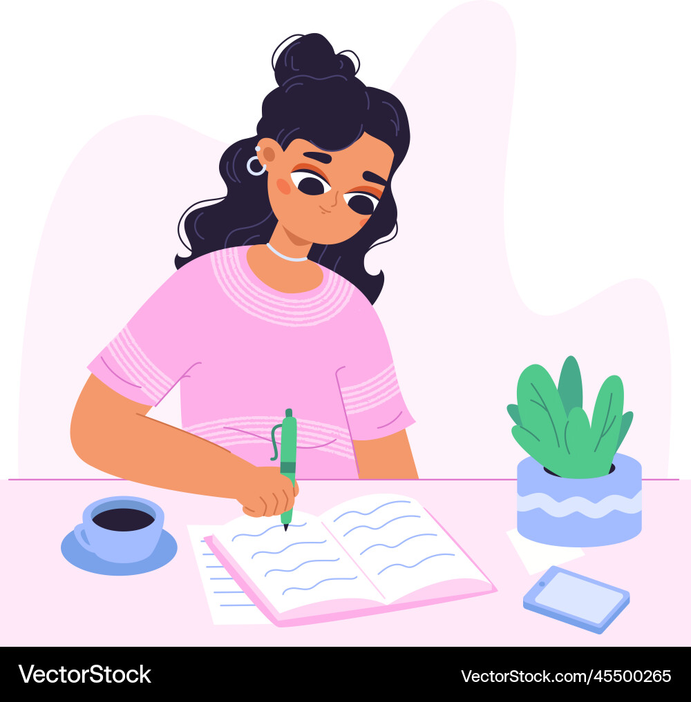 Young girl write diary cartoon author Royalty Free Vector