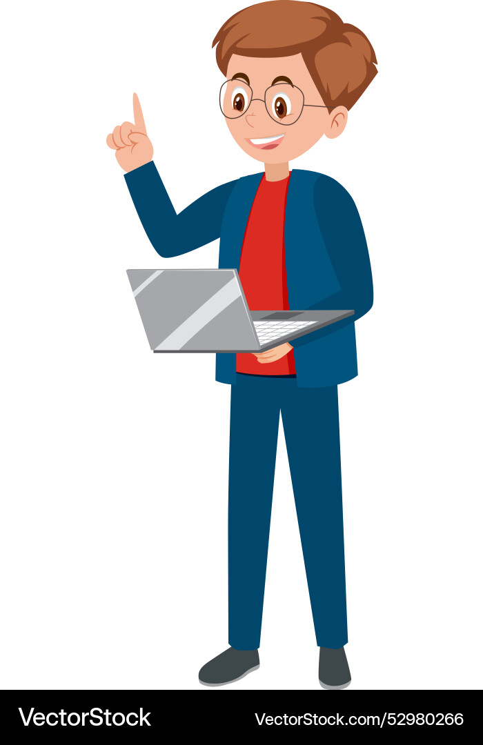 Man holding laptop pointing upwards smiling Vector Image