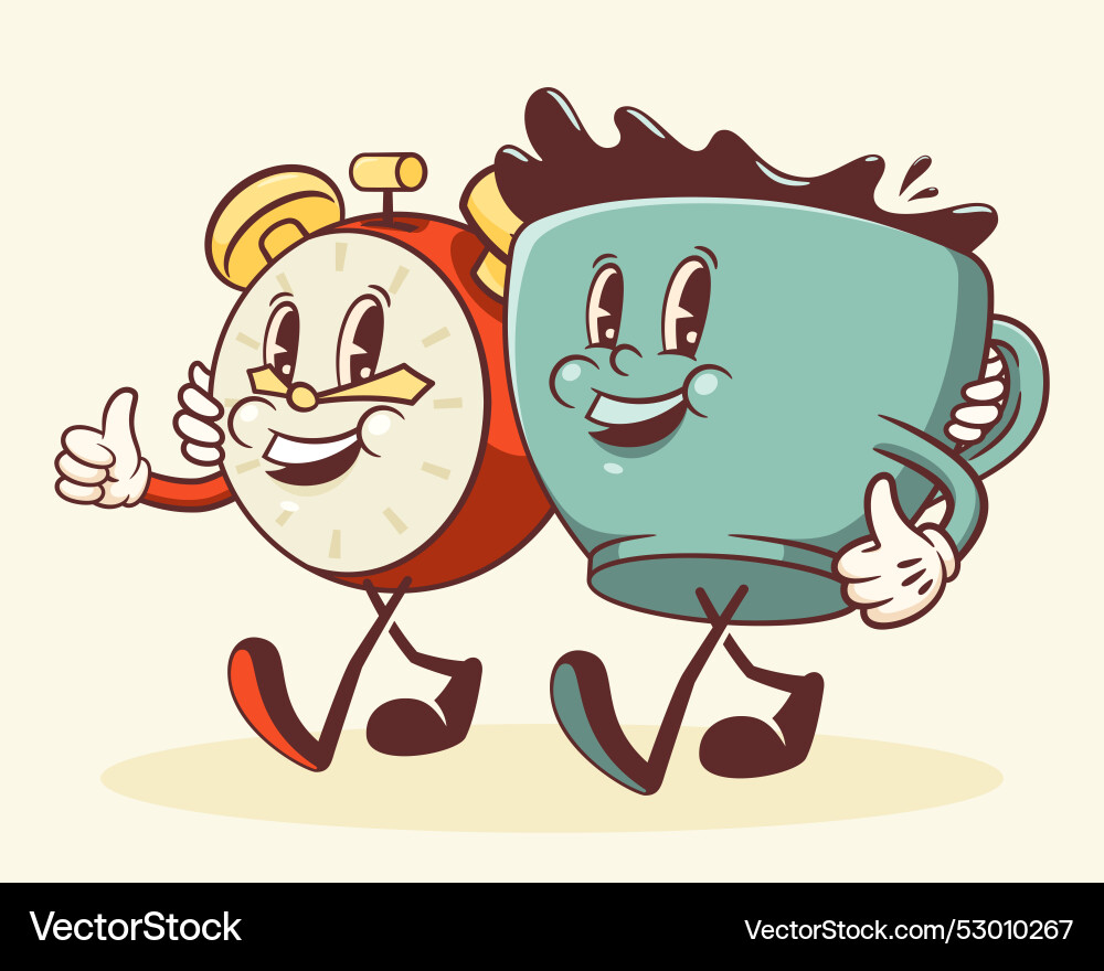 Groovy coffee cup and alarm clock retro character Vector Image