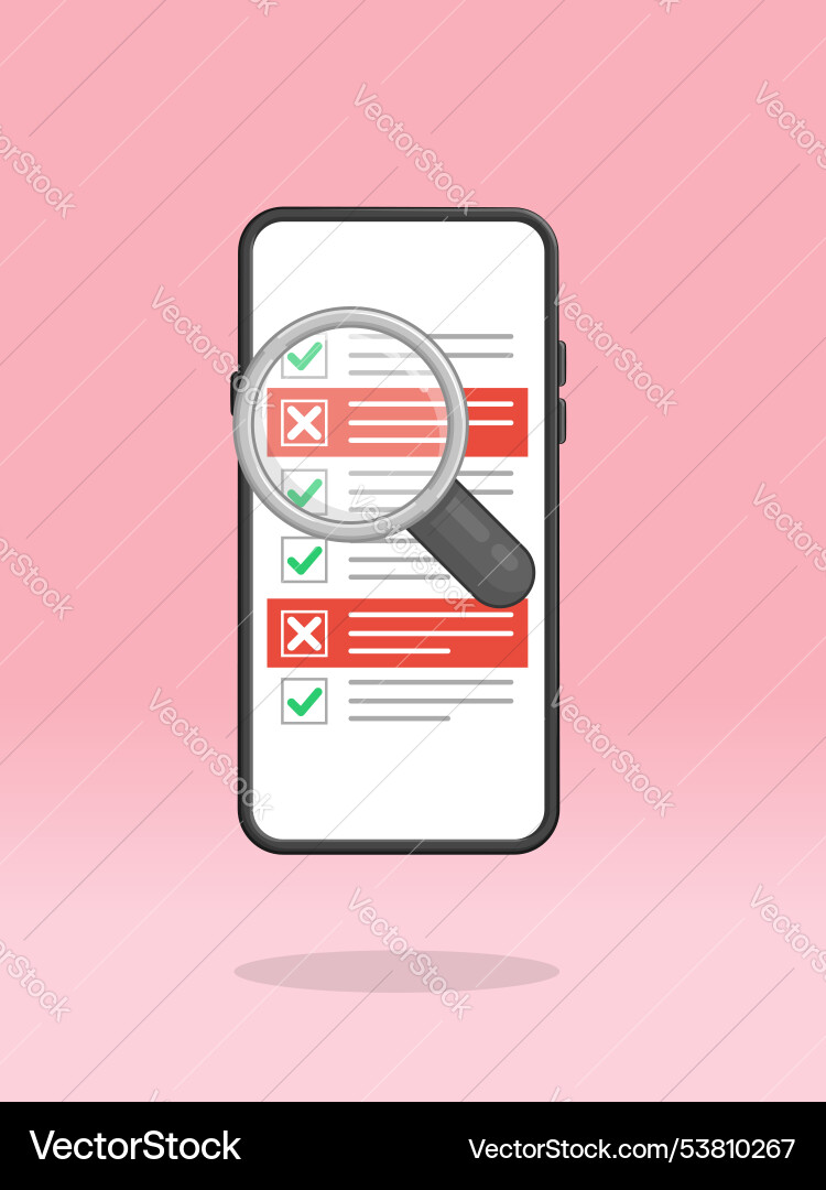 Smartphone magnifier checklist failed crossed Vector Image