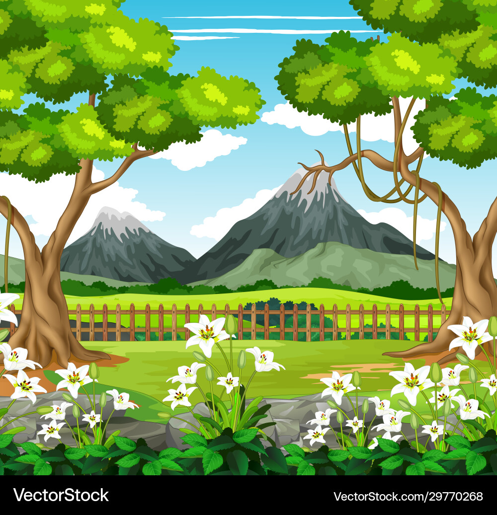 Beautiful grass field landscape view with trees Vector Image