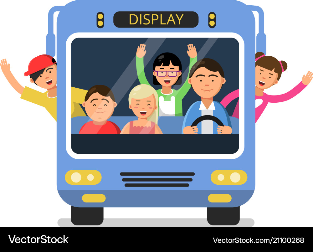 Front view of school bus with set happy Royalty Free Vector