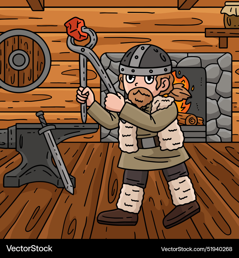 Viking working in the forge colored cartoon Vector Image