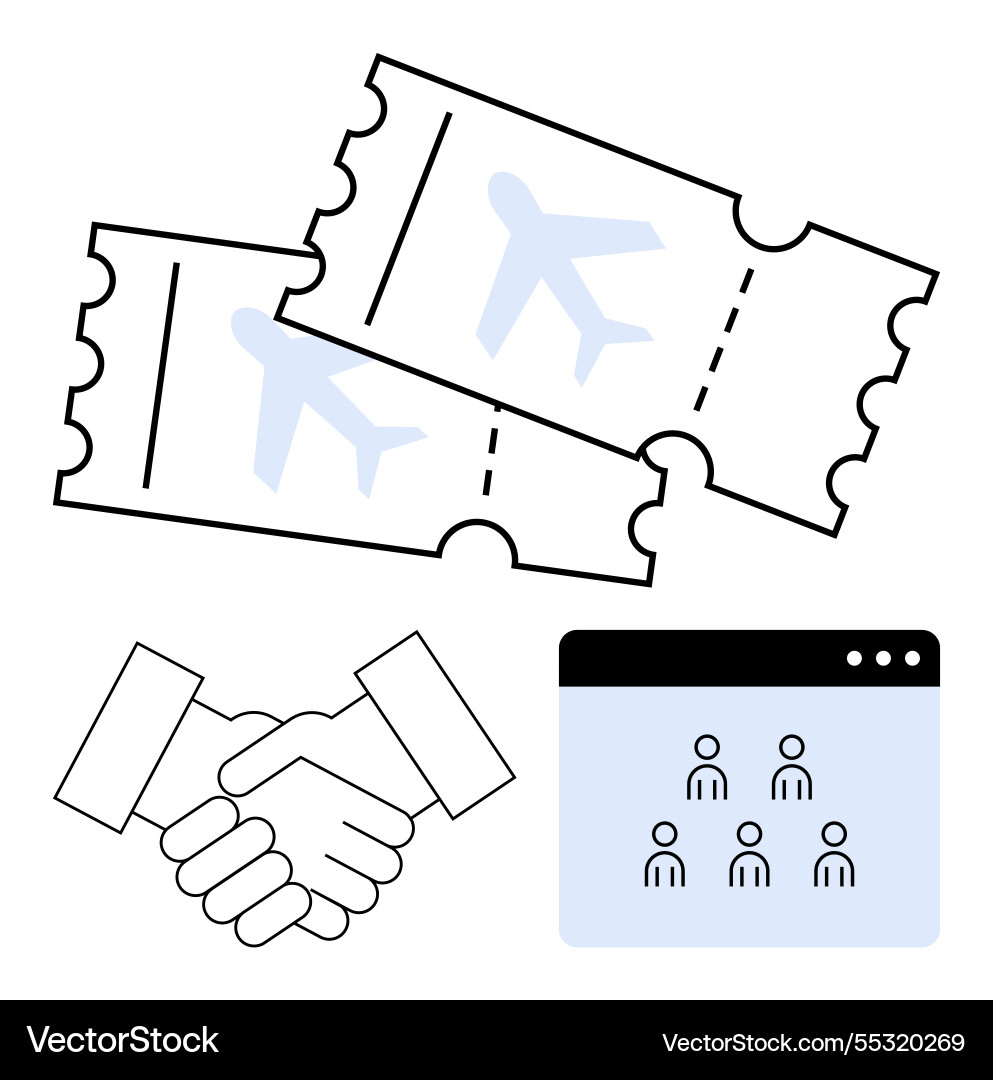 Flugzeugkarten Handshake und Teamwork-Symbole Vektorbild