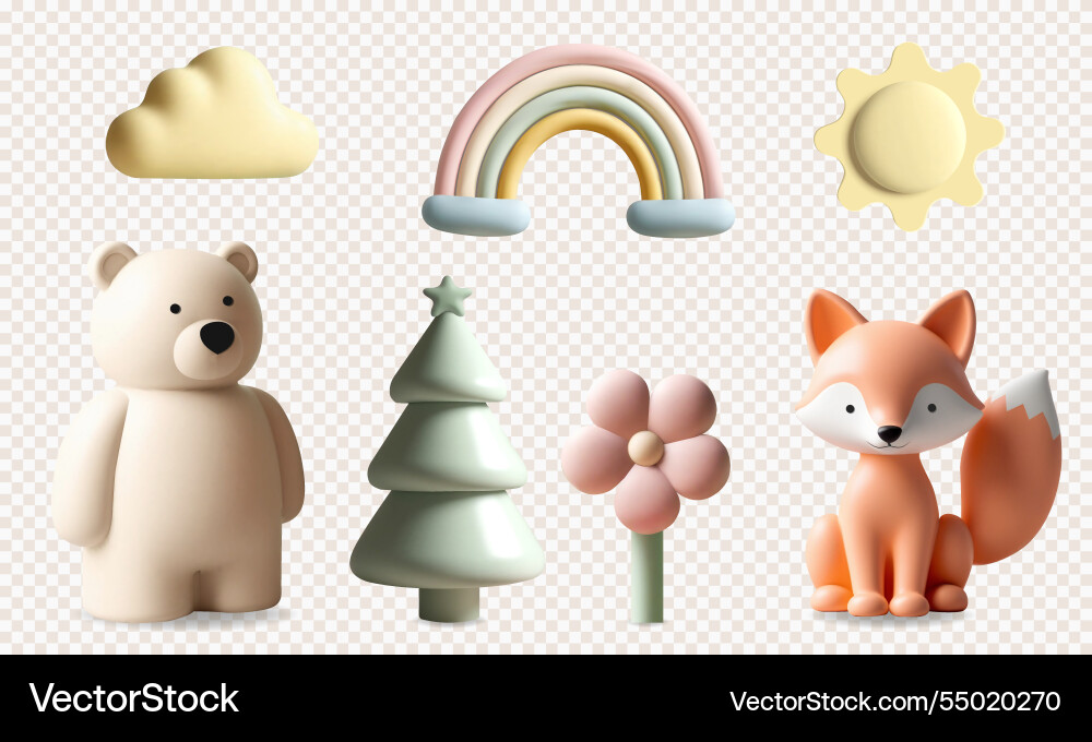 3d kids toys and nursery elements rendering Vector Image