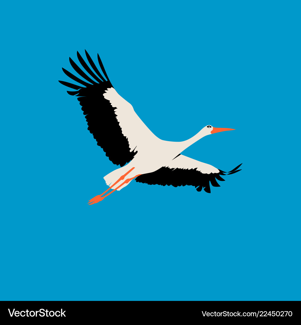 Flat stork isolated on blue background Royalty Free Vector