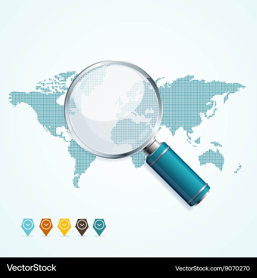 Magnifier and world map Royalty Free Vector Image