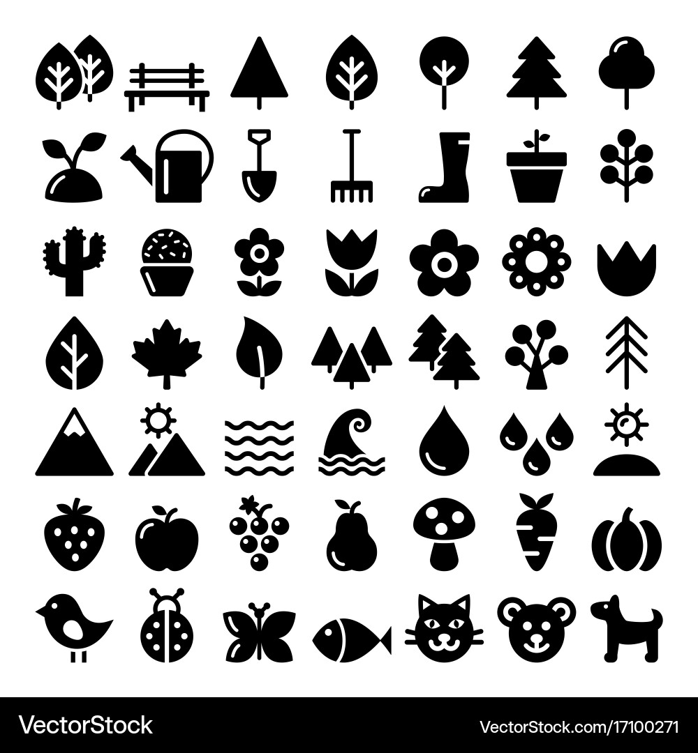 Nature icons set park outdoors animals Royalty Free Vector