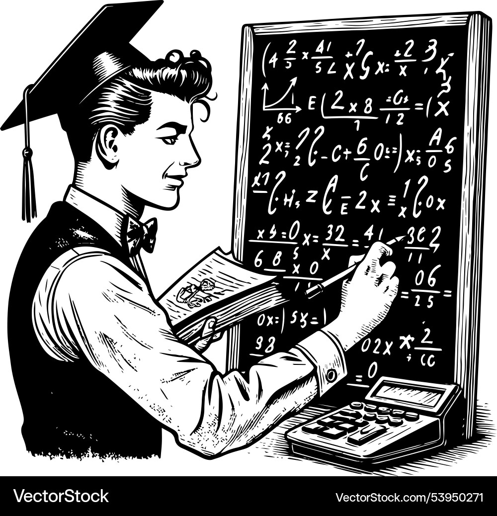Student solving math problems on a blackboard Vector Image