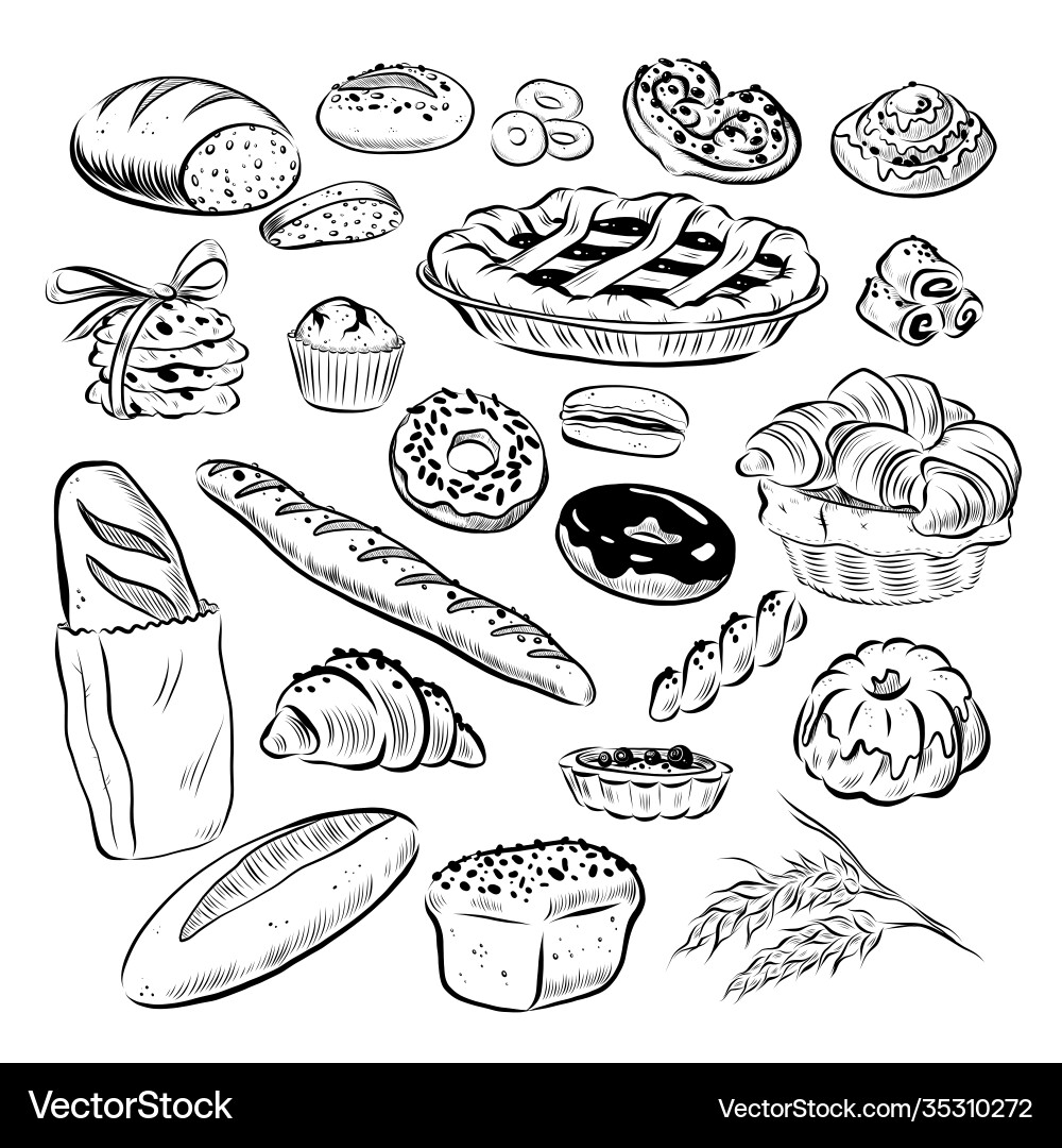 Collection hand drawn baked goods outline Vector Image