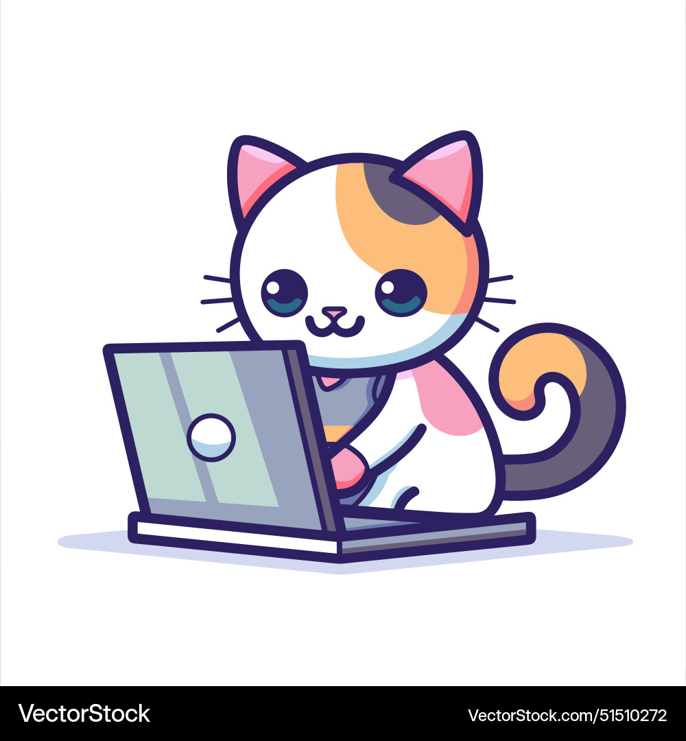 Cute cartoon cat using laptop adorable feline Vector Image