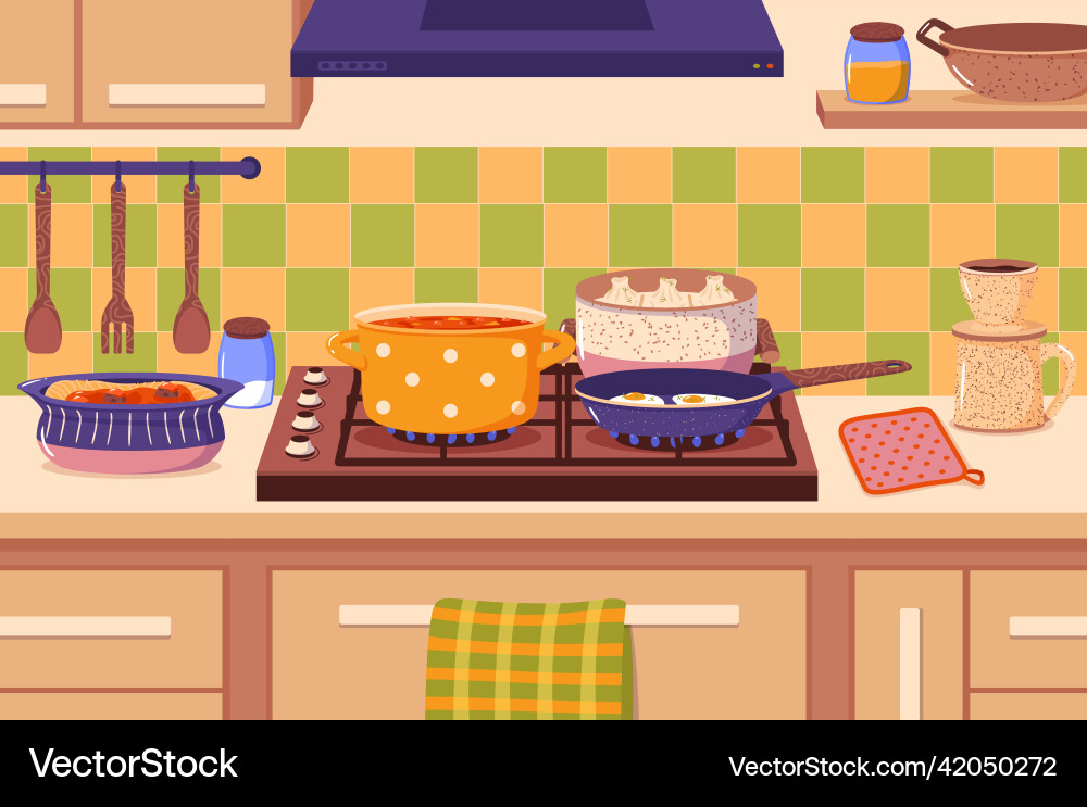 Pot and pan on stove kitchen cartoon Royalty Free Vector