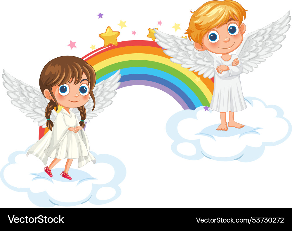Two angels standing on clouds with rainbow Vector Image