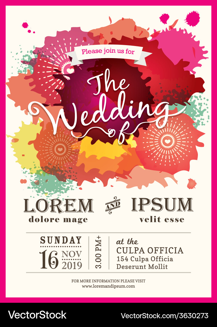 Color splash wedding party invitation card Vector Image