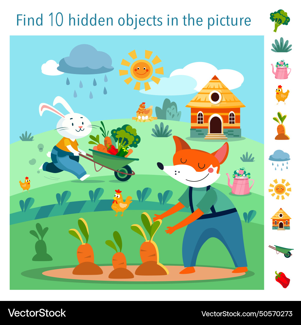 Find 10 hidden objects in picture educational Vector Image