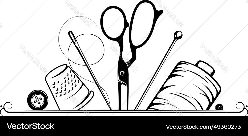 Scissors sewing needle and thread frame design Vector Image