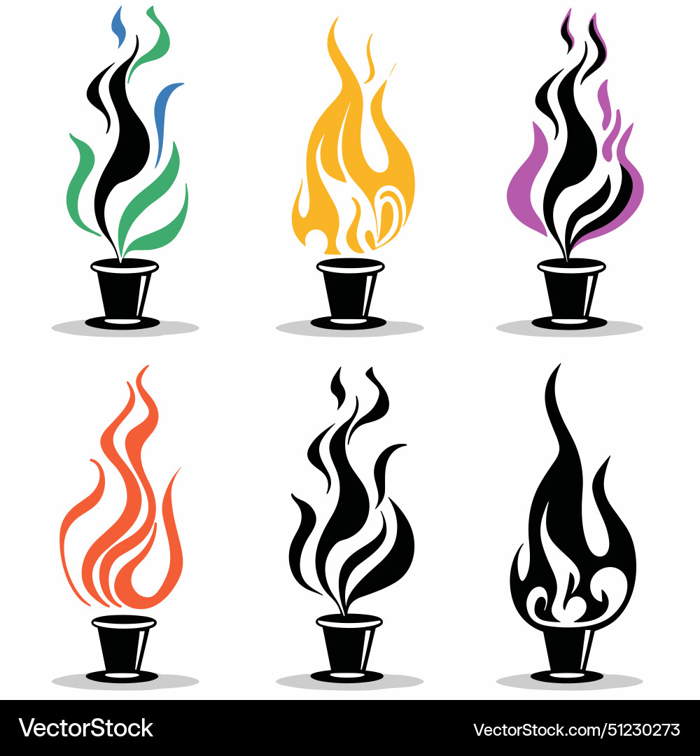 Set six stylized flames various colors emanating Vector Image