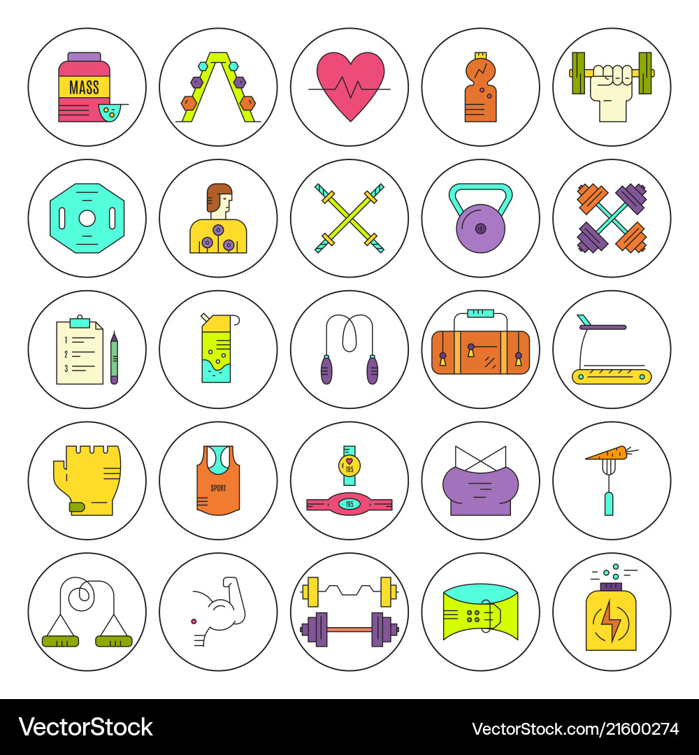 Bodybuilding icon collection Royalty Free Vector Image