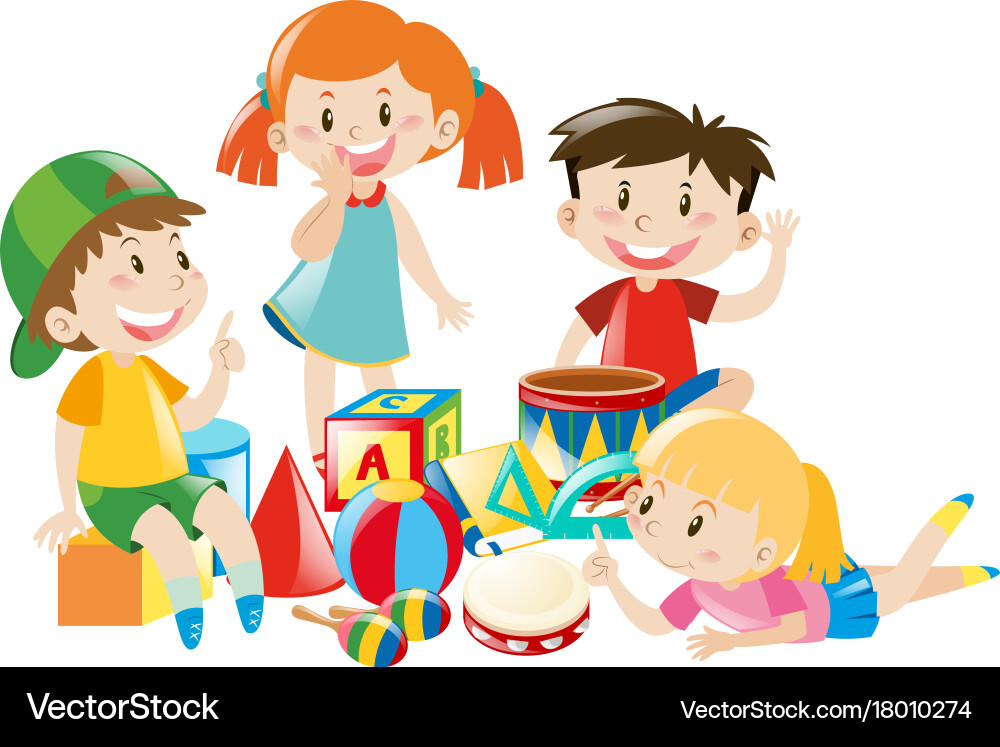 Four kids playing with toys Royalty Free Vector Image