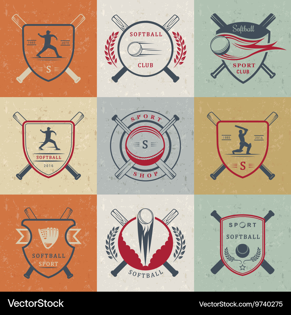 Set Softballabzeichen und Logos Lizenzfreies Vektorbild