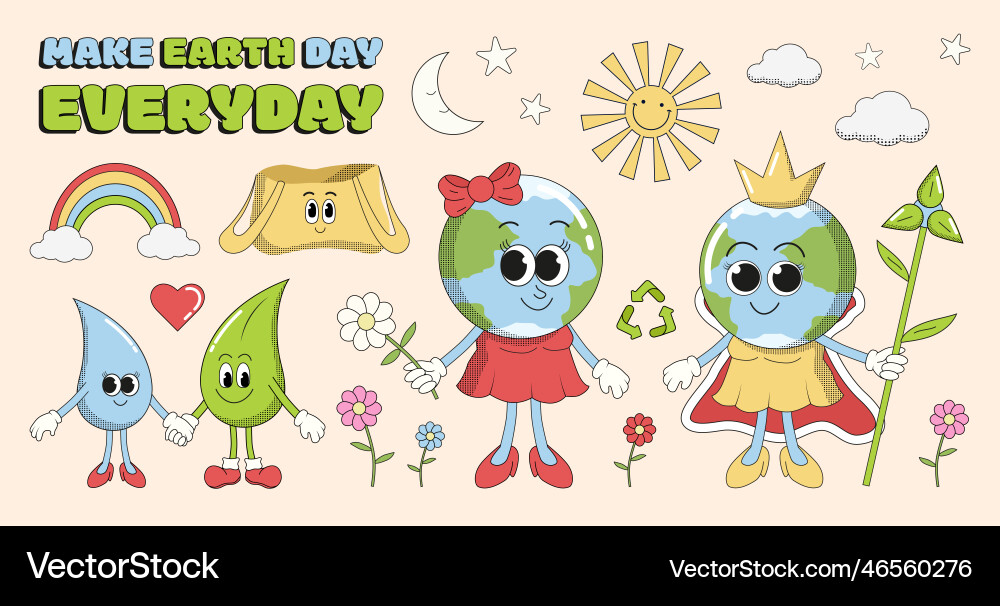 Earth day retro stickers and drawing Royalty Free Vector