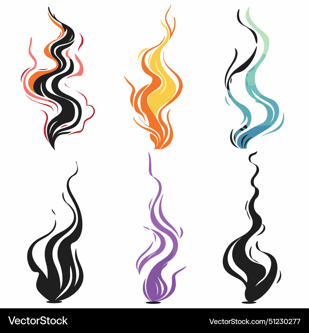 Set six colorful flame designs twisting rising Vector Image