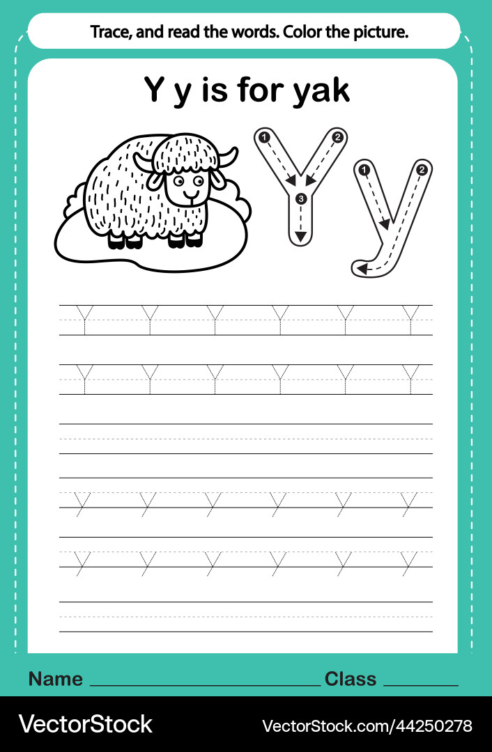 Alphabet y exercise with cartoon vocabulary Vector Image