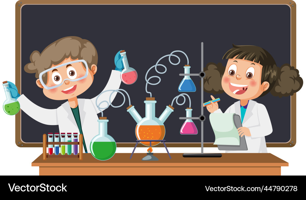 Scientist kids doing chemical experiment Vector Image